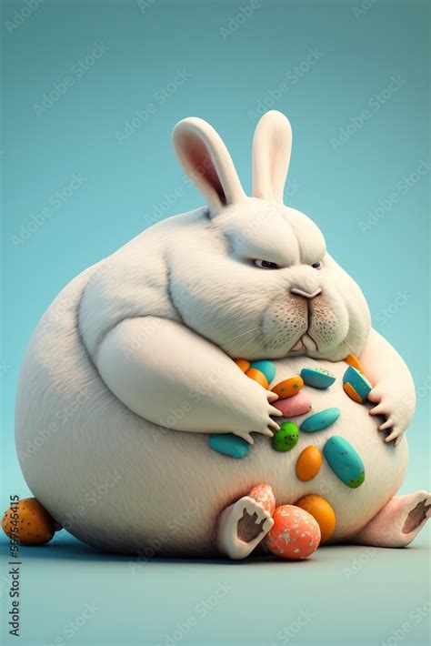 Fat Tired Rabbit Overeating Easter Eggs Cartoon Created With