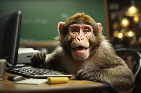 Monkey In A Classroom With A Laptop On A Wooden Table Premium Ai