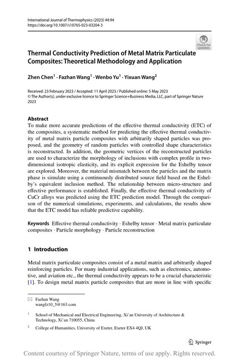Thermal Conductivity Prediction Of Metal Matrix Particulate Composites Theoretical Methodology