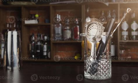 Bartender Tools Set Of Accessories For Making Cocktails On Bar Counter