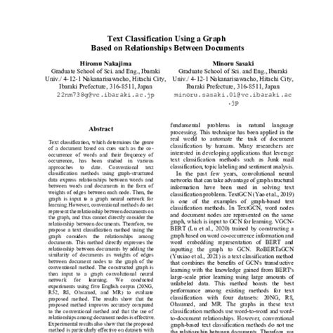 Text Classification Using A Graph Based On Relationships Between Documents Acl Anthology