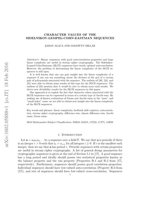 Pdf Character Values Of The Sidelnikov Lempel Cohn Eastman Sequences
