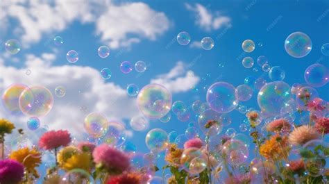 Premium Photo Bubbles In A Field Of Flowers With A Blue Sky In The