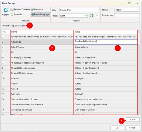 how to customize the language of the html5 player in activepresenter 9