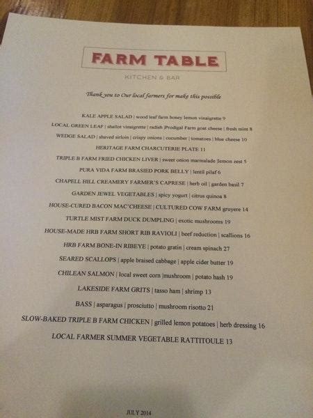Menu At Farm Table Restaurant Wake Forest