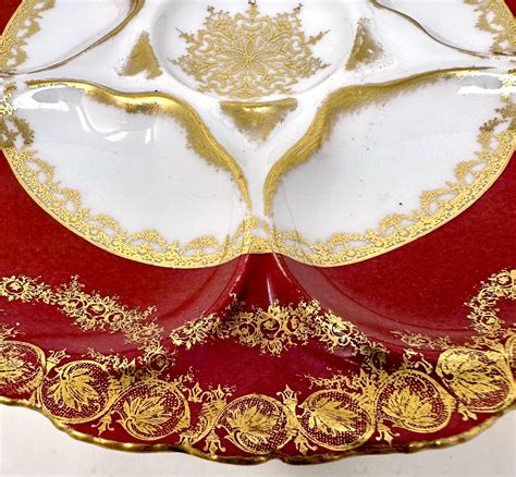 Antique French Haviland Limoges Red And Gold Porcelain Oyster Plate