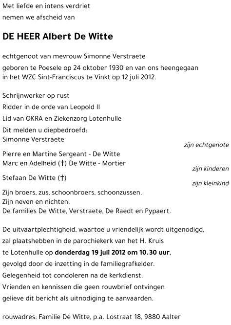 Avis De Décès De Albert De Witte Décédé Le 12 07 2012 à Vinkt Annonce Condoléances Fleurs