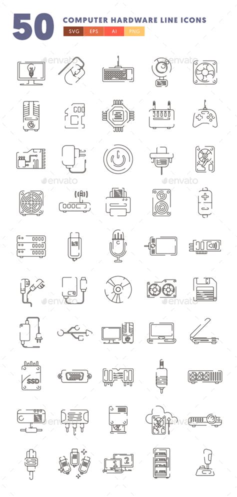 50 Computer Hardware Line Icons Icons Graphicriver