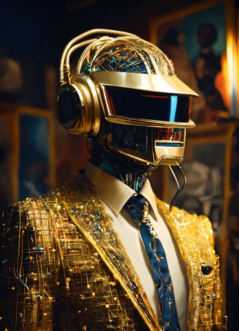Lexica Close Up Portrait Photography One Of The Daft Punk Robots Dressed In Suits In A Music