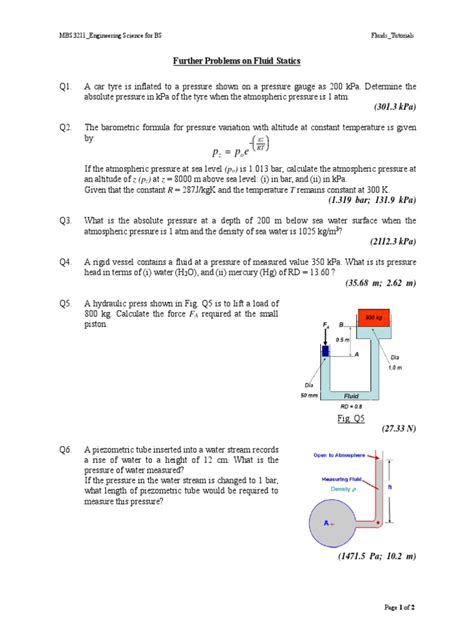 Further Problems On Fluid Statics Pdf Pressure Measurement Pressure