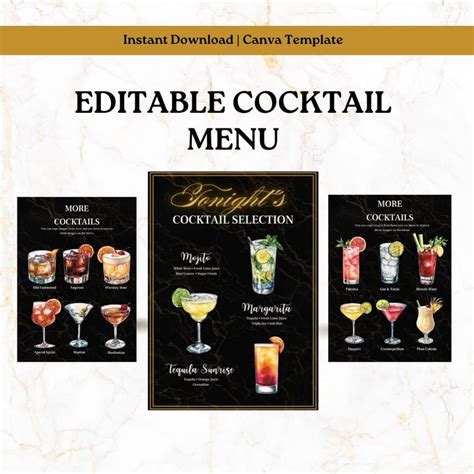 Editable Cocktail Menu Template With 20 Classic Drink Images Black And Gold Marble Style Canva