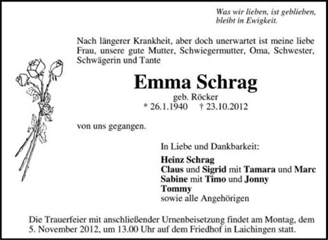 Traueranzeigen Von Emma Schrag Schwaebischede Trauerportal