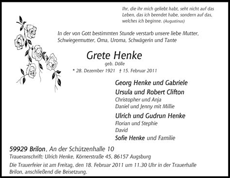 Traueranzeigen Von Grete Henke Trauer In Nrw De