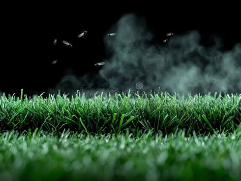 A Group Of Flies Flying Over A Field Of Green Grass Stock Image Image