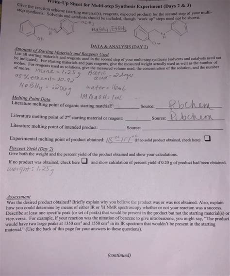 tep sheet for multi step synthesis experiment days 2