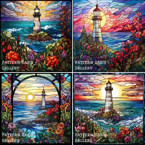 Stained Glass Lighthouse Digital Paper Lighthouses Stained Glass