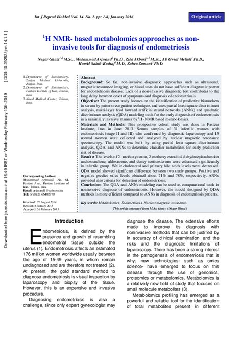 Pdf 1h Nmr Based Metabolomics Approaches As Non Invasive Tools For Diagnosis Of Endometriosis