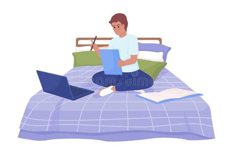 Happy Boy Doing Assignment Comfortably In Bed Semi Flat Color Vector