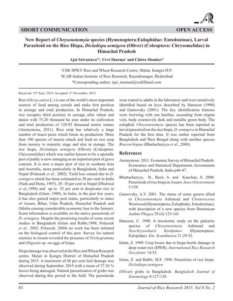 Larval Parasitoid On The Rice Hispa Dicladispa Armigera Oliver Coleoptera Chrysomelidae In