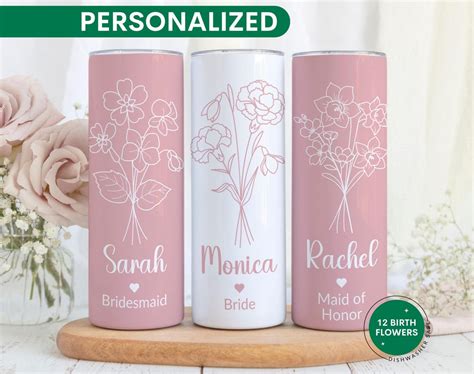 Personalized Bridesmaid Tumbler Birth Flower Custom Bachelorette Party