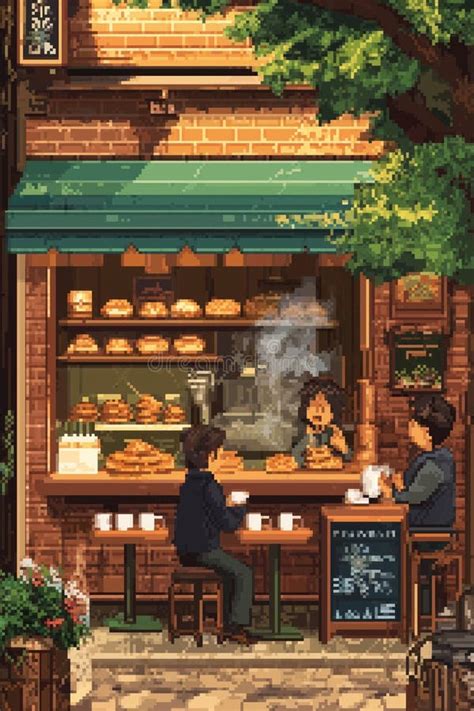 Pixel Art Cafe Scene Customers Enjoy Pastries Steaming Drinks Cozy