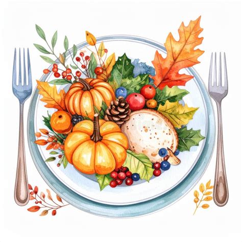 Autumn Harvest Thanksgiving Dinner Plate Watercolor Illustration Stock
