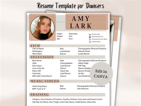 Dancer Resume Template For Auditions Editable In Canva Cv Professional