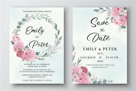 Wedding Invitation Template With Hydrangea And Roses Flowers Stock