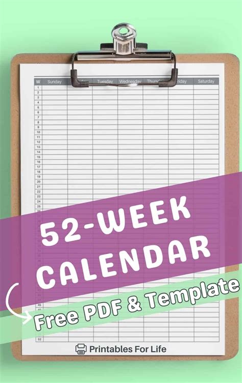 Free 52 Week Calendar Printable Pdf