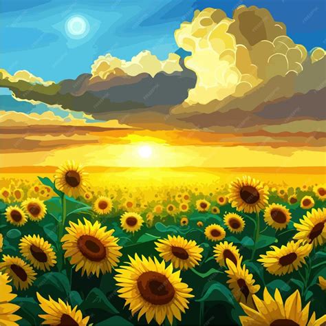 Wallpaper Sunflower Field Landscape Against Blue Sky With Clouds Nature Vector Illustration
