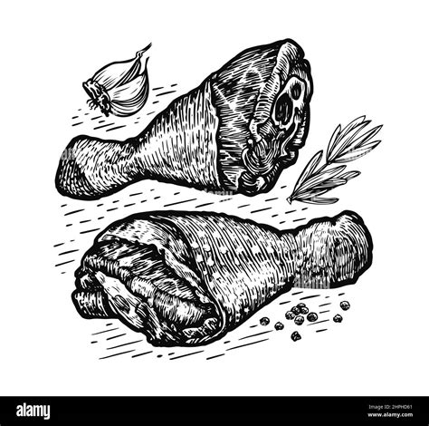 Chicken Meat Clipart Black And White Line Drawing Illustration Roasted