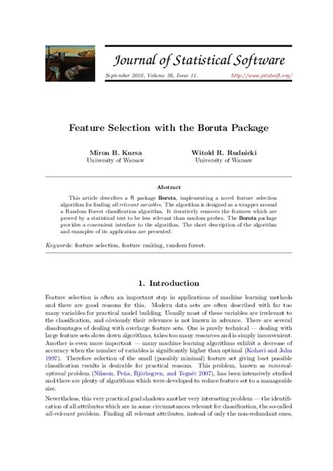 Pdf Feature Selection With The Boruta Package