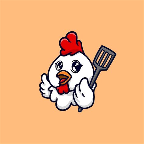 주걱 로고 마스크가 있는 귀여운 치킨 프리미엄 벡터