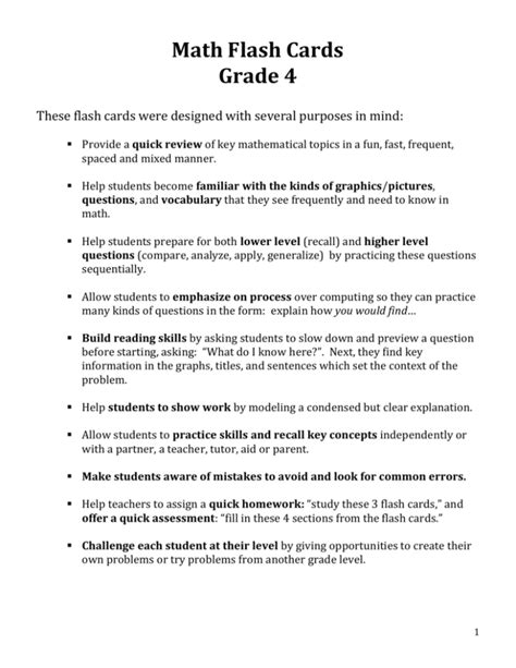 4th Grade Math Flash Cards A Teachers Guide