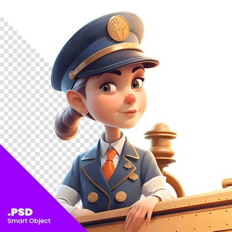 Premium Psd Cute Cartoon Police Girl In Uniform Sitting On The Train 3d Rendering Psd Template