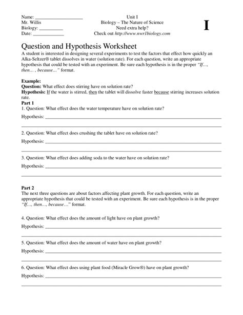 Ag Science Hypothesis Worksheet Answers Curriculum