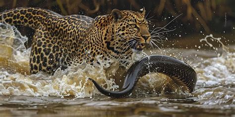 Leopard Catching Prey In A River Premium Ai Generated Image
