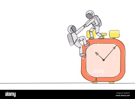 Single Continuous Line Drawing Young Astronaut Helps Colleague Climb