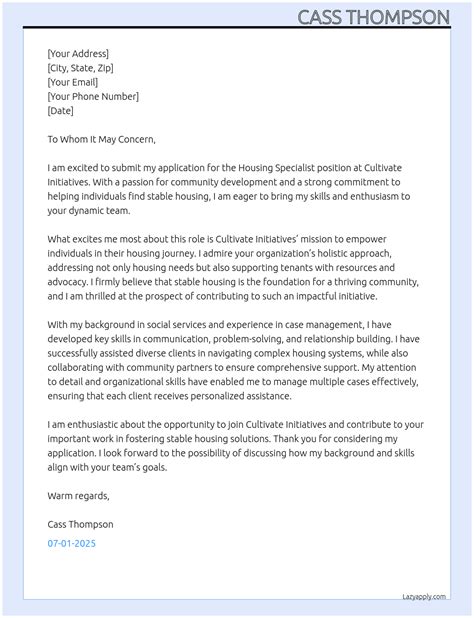 Cover Letter For Housing Specialist Lazyapply