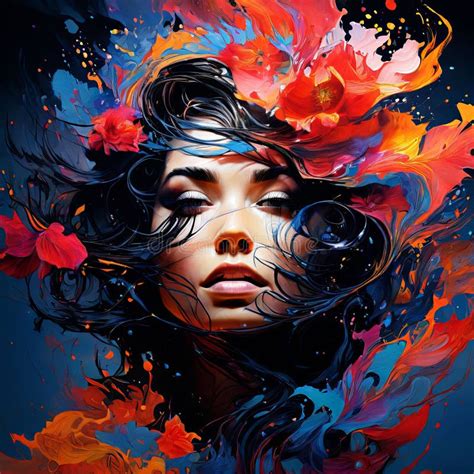 Dramatic Representation Of Woman Highlighted By Vibrant Colors And Flowing Shapes Unique Blend