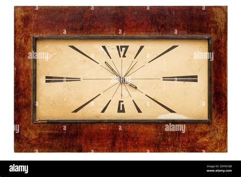 Very Old Retro Rectangular Wooden Wall Clock Isolated On White