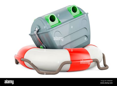 Gray Garbage Container Inside Lifebelt 3d Rendering Isolated On White