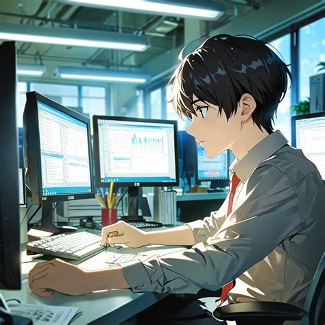 A Boy Work In Office At Computer Premium Ai Generated Image
