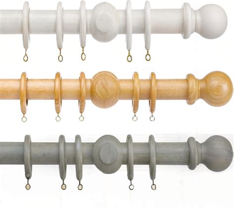 Fizporium Natural Wooden Curtain Rail Pole Rod Set With Classic Finials