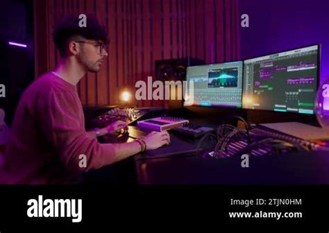 Male Sound Engineer Musician Uses Midi Controller Digital Electric
