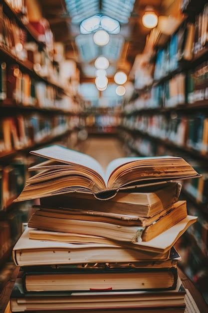 Symbolic Scene Of Knowledge Open Book Atop Stack In Library Closeup