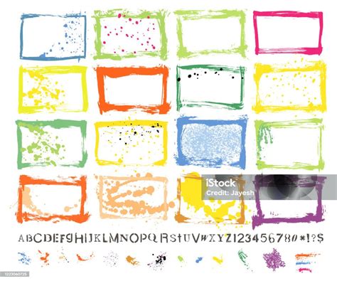 그래픽 디자인 필수 요소 실제 스캔 텍스처 브러시 스트로크 페인트 방울 및 스텐실 알파벳 세트로 페인팅 된 페이지 테두리