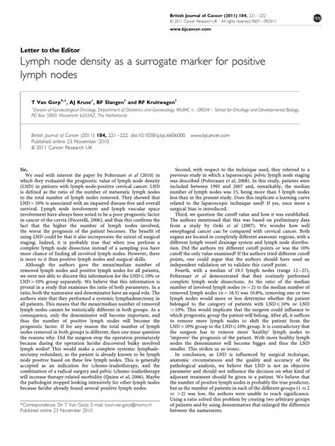 Pdf Lymph Node Density As A Surrogate Marker For Positive Lymph Nodes