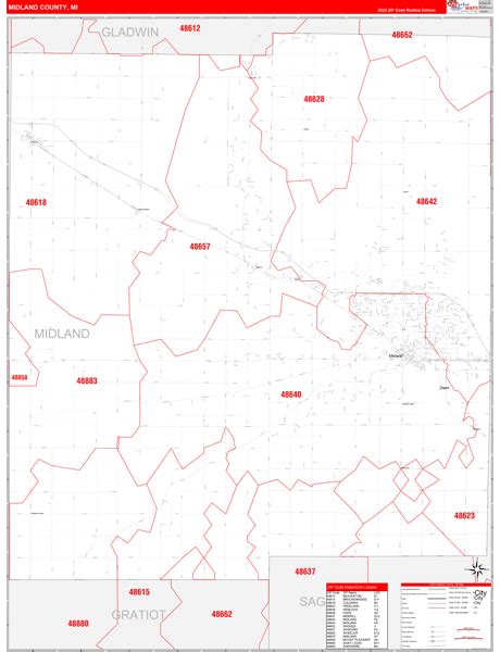 Midland County Mi Zip Code Wall Map Red Line Style By Marketmaps