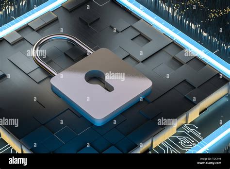 Three Dimensional Rendering Metal Encryption Lock With Tech Background